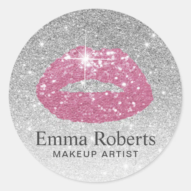 Makeup Artist Pink Lips Modern Silver Glitter Classic Round Sticker ...