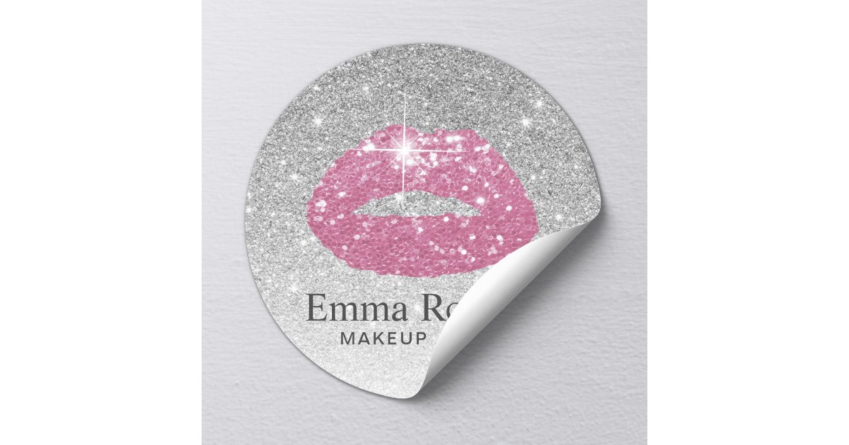 Makeup Artist Pink Lips Modern Silver Glitter Classic Round Sticker ...