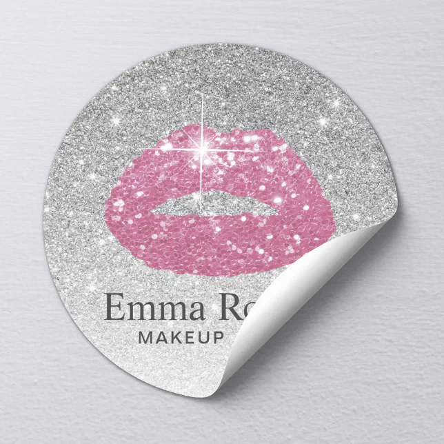 Makeup Artist Pink Lips Modern Silver Glitter Classic Round Sticker ...