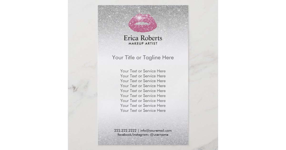 Makeup Artist Pink Lips Silver Glitter Salon Flyer | Zazzle
