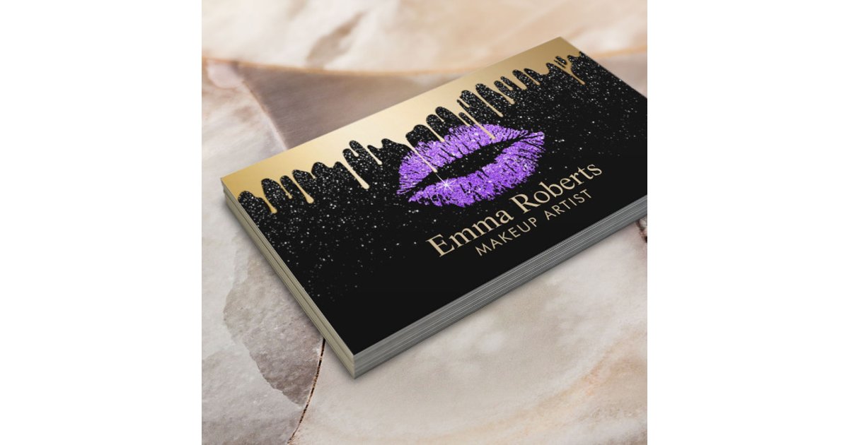 Makeup Artist Purple Lips Gold Drips Modern Black Business Card | Zazzle