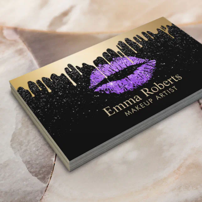 Makeup Artist Purple Lips Gold Drips Modern Black Business Card | Zazzle