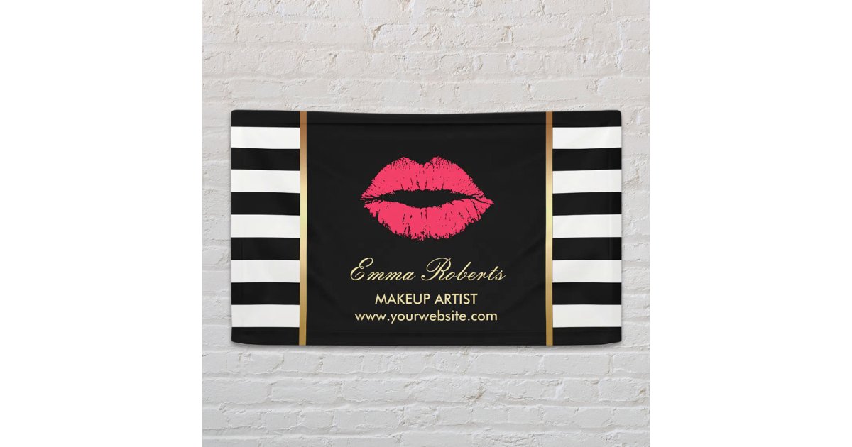Makeup Artist Red Lips Modern Black White Stripes Banner | Zazzle