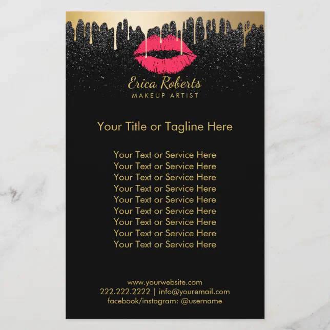 Makeup Artist Red Lips Modern Gold Drips Salon Flyer | Zazzle