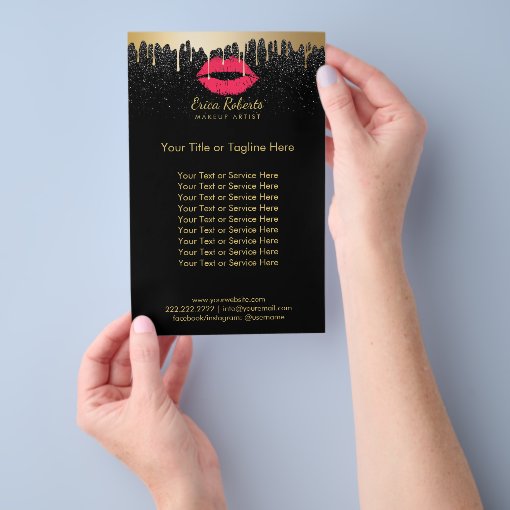 Makeup Artist Red Lips Modern Gold Drips Salon Flyer | Zazzle