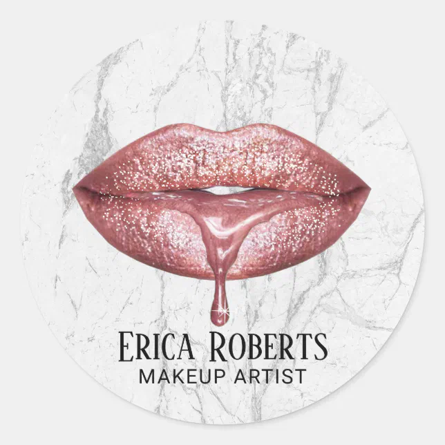 Makeup Artist Rose Gold Drip Lips White Marble Classic Round Sticker ...