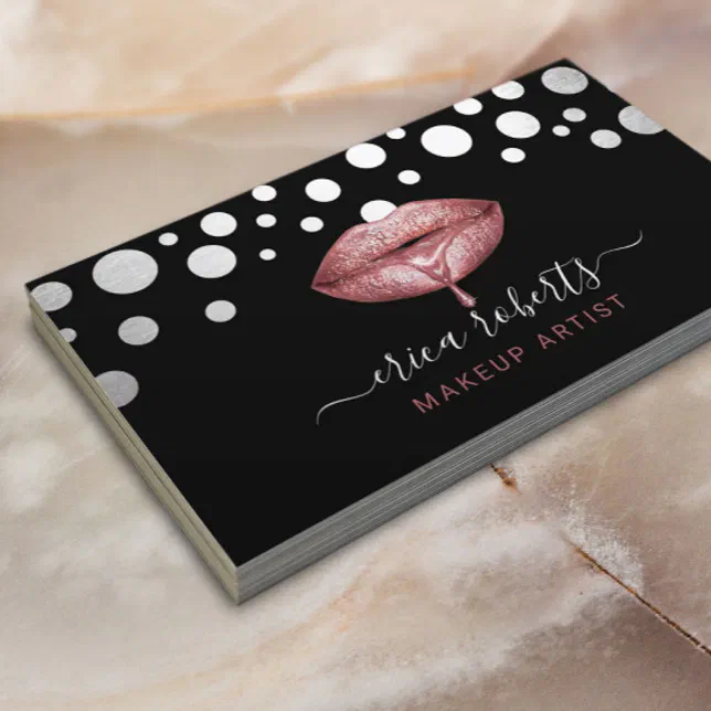 Makeup Artist Rose Gold Dripping Lips Polka Dots Business Card | Zazzle