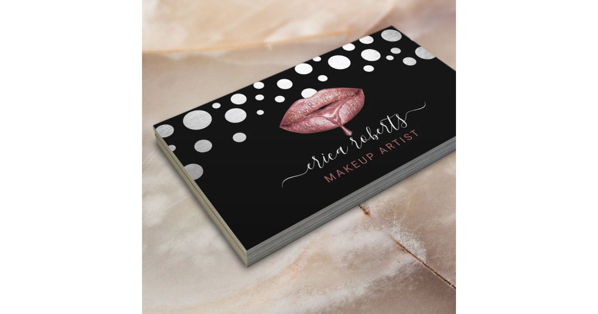 Makeup Artist Rose Gold Dripping Lips Polka Dots Business Card | Zazzle