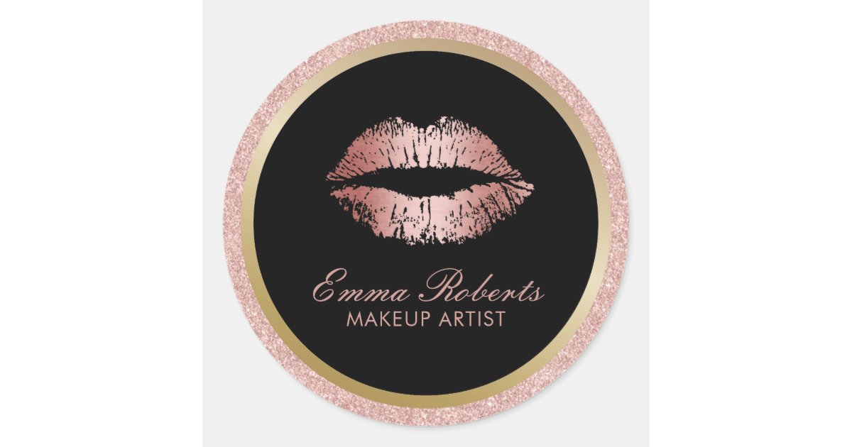 Makeup Artist Rose Gold Glitter Lips Modern Salon Classic Round Sticker ...