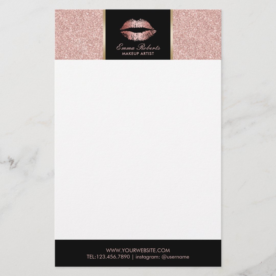 Makeup Artist Rose Gold Glitter Lips Modern Salon Stationery | Zazzle