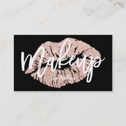 Makeup artist rose gold glitter lips typography business card | Zazzle