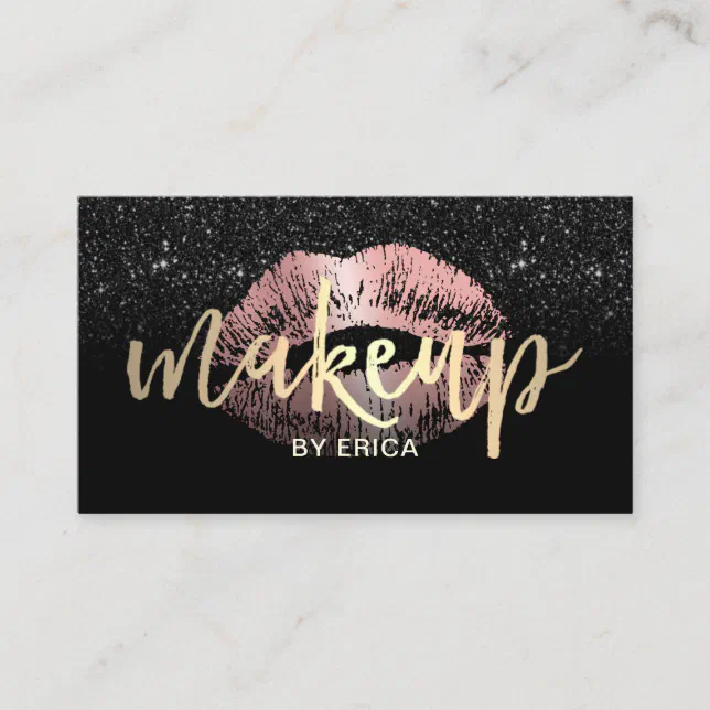 Makeup Artist Rose Gold Lips Gold Script Glitter Business Card | Zazzle