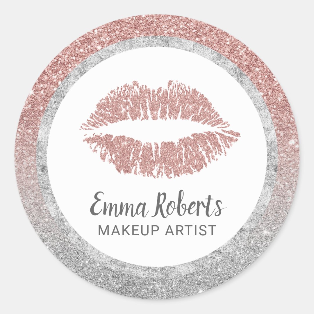 Makeup Artist Rose Gold Silver Glitter Lips Print Classic Round Sticker ...