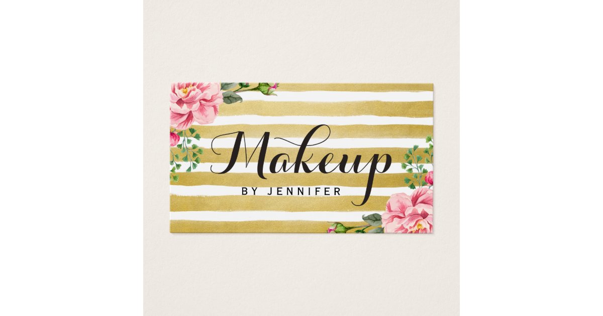 Makeup Artist Script Classy Floral Gold Striped Business Card | Zazzle
