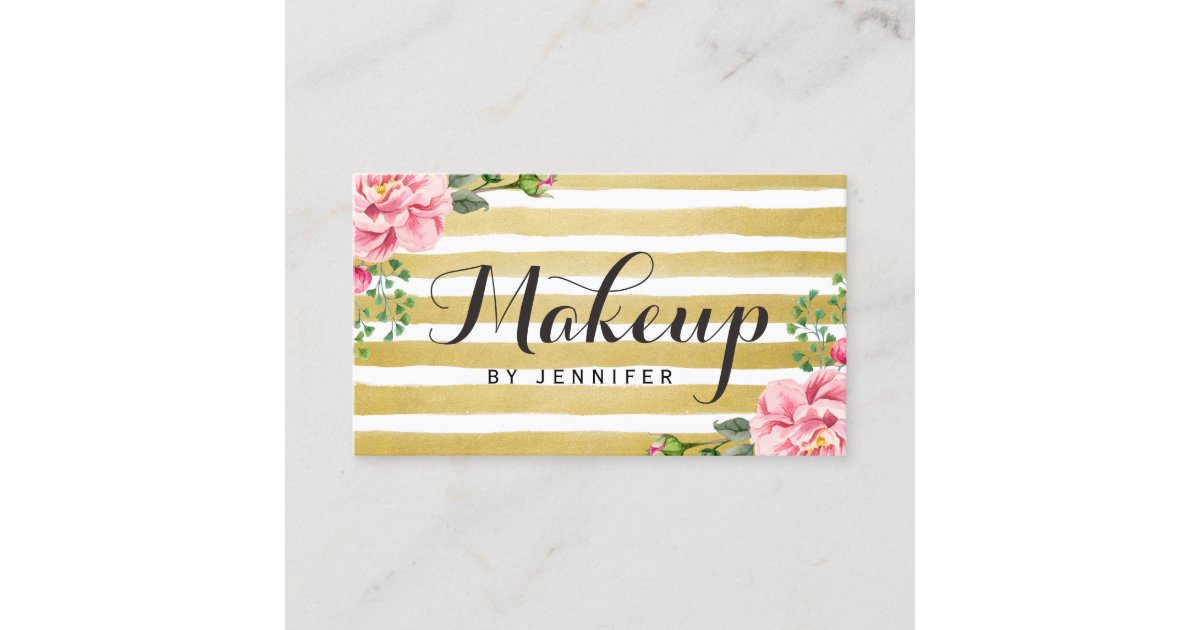 Makeup Artist Script Classy Floral Gold Striped Business Card | Zazzle