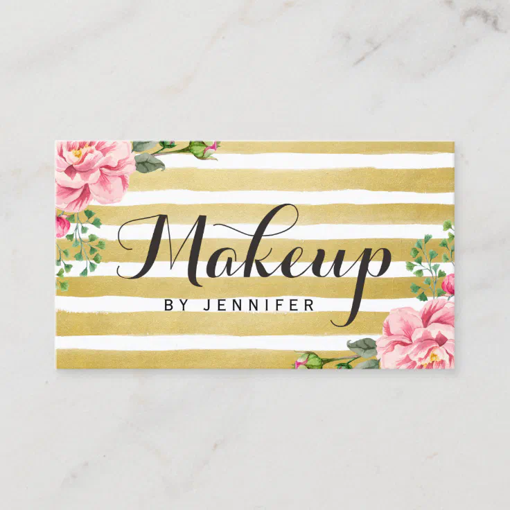 Makeup Artist Script Classy Floral Gold Striped Business Card | Zazzle