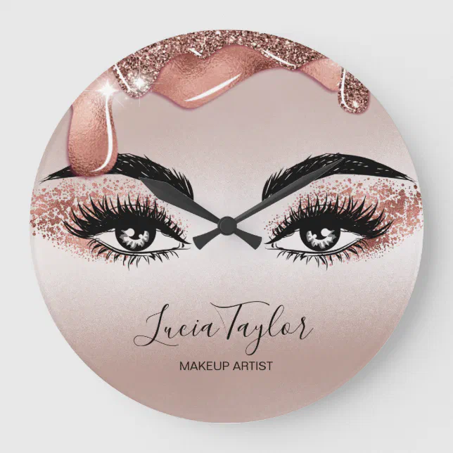 Makeup Beauty Lashes Rose Gold Drips Glitter Large Clock | Zazzle