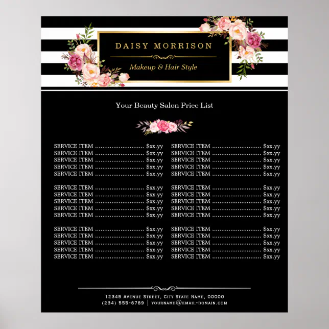 Makeup Beauty Salon Gold Floral Stripes Price List Poster | Zazzle