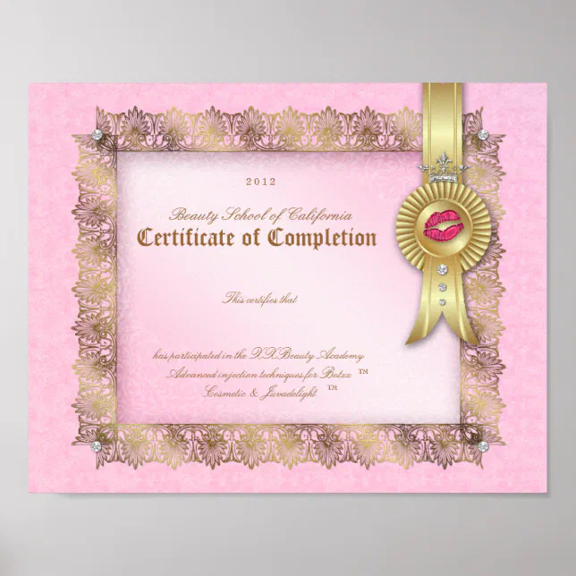 Makeup Diploma Certificate of Completion Pink Gold Poster | Zazzle