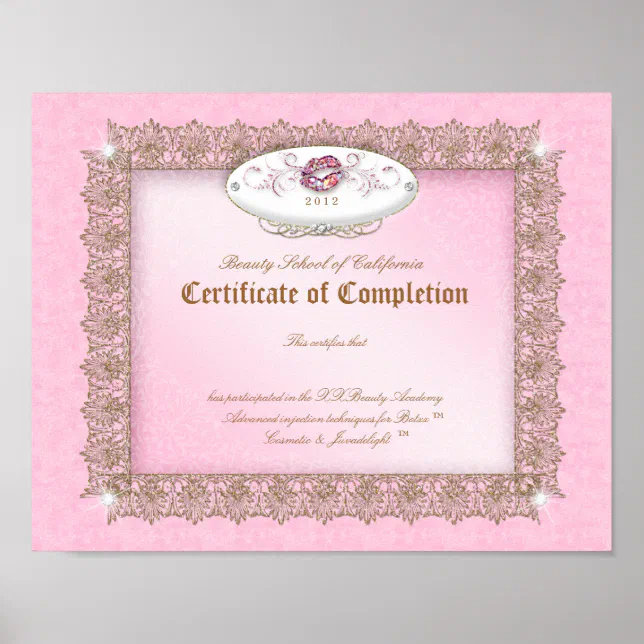 Makeup Diploma Certificate of Completion Pink Lips Poster | Zazzle