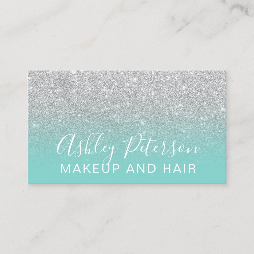 Makeup elegant typography silver glitter teal business card | Zazzle