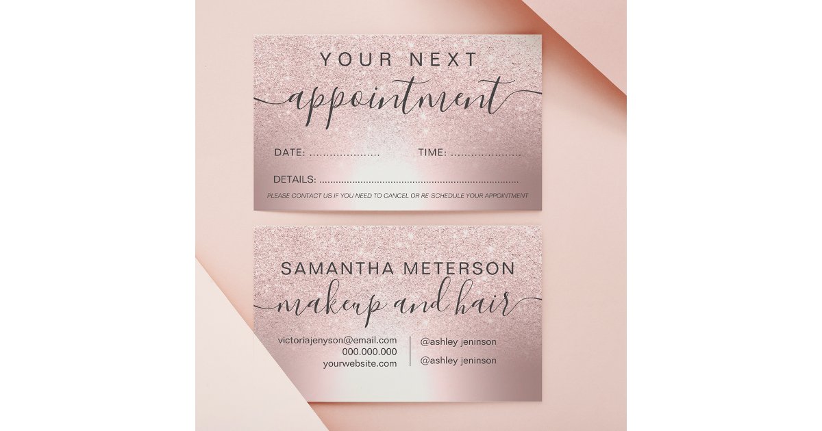 Makeup hair Rose gold glitter ombre metallic foil Appointment Card | Zazzle