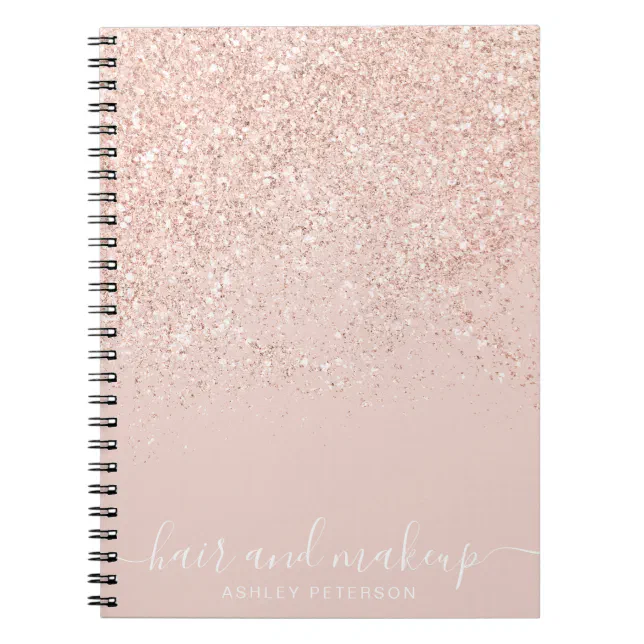 Makeup hair rose gold glitter pastel blush pink notebook | Zazzle