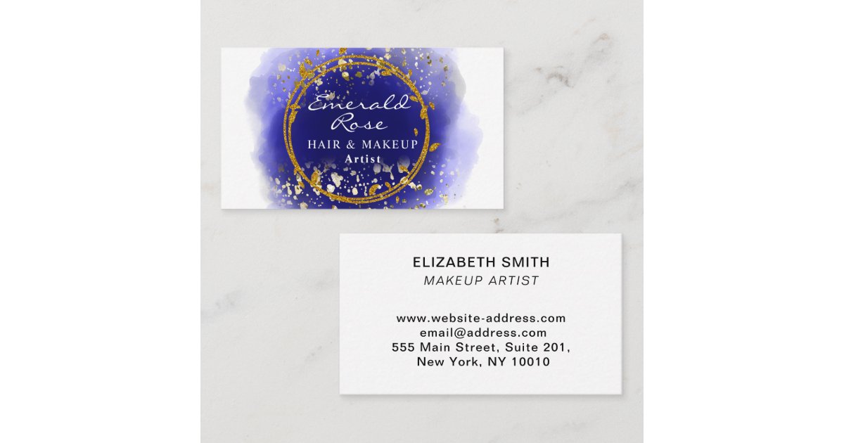 Makeup & Hair Stylist Artist Script blue and Gold Business Card | Zazzle