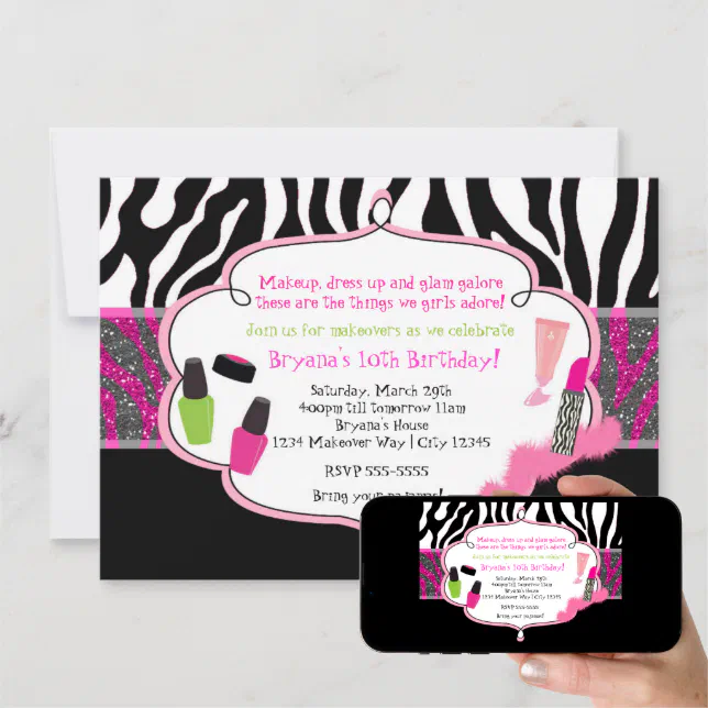 Makeup Makeover Zebra Birthday Party Invitation | Zazzle