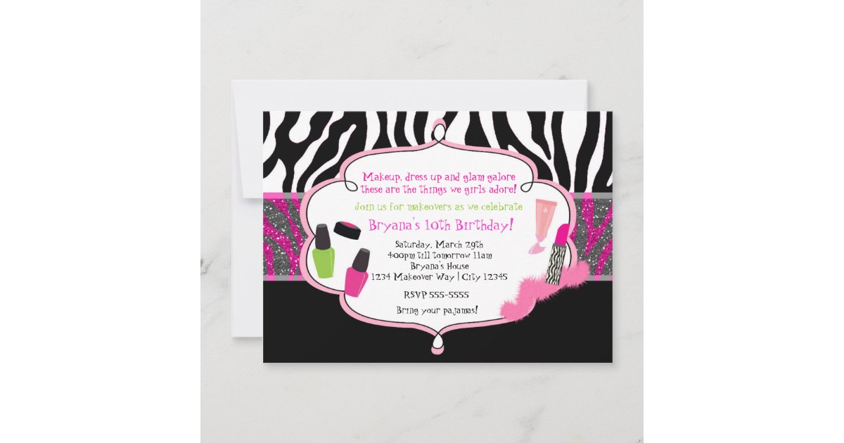 Makeup Makeover Zebra Birthday Party Invitation | Zazzle