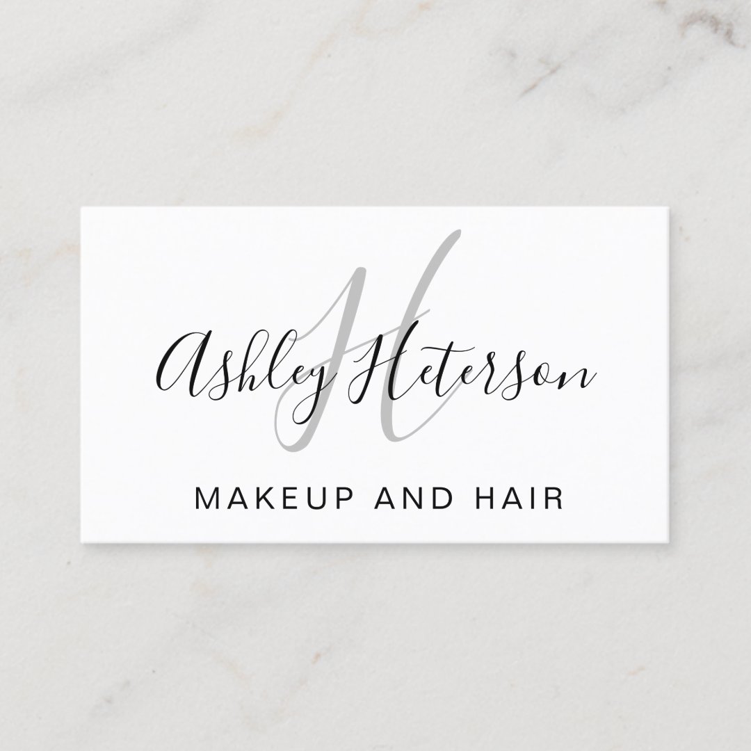 Makeup monogram black minimalist elegant script business card | Zazzle