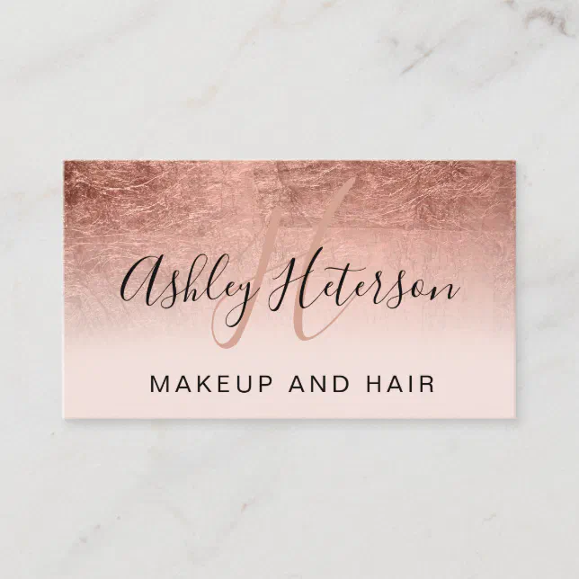 Makeup monogram rose gold foil blush pink script business card | Zazzle