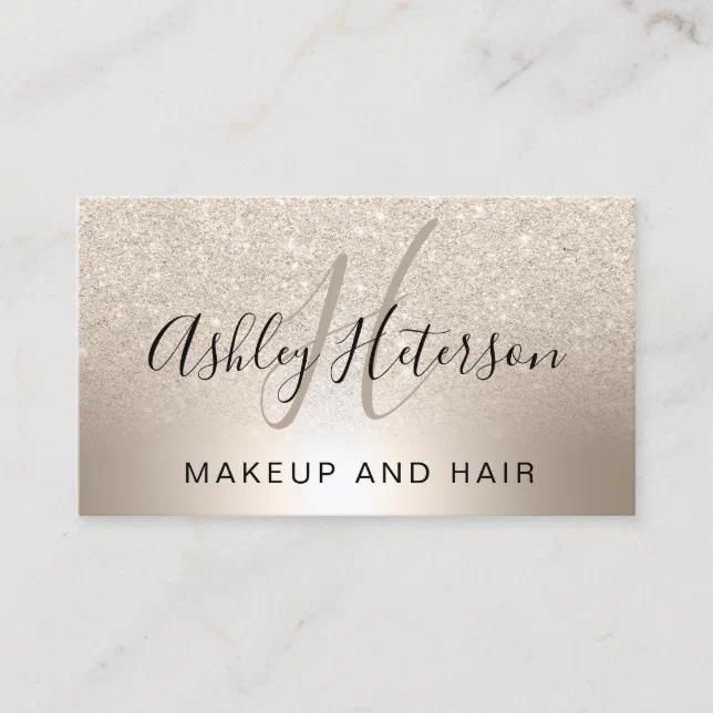 Makeup monogram script chic gold glitter metallic business card | Zazzle