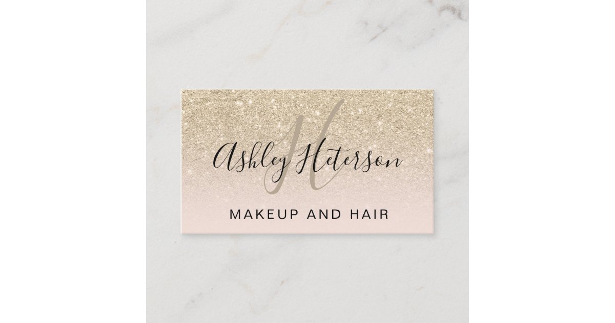 Makeup monogram script light gold glitter blush business card | Zazzle