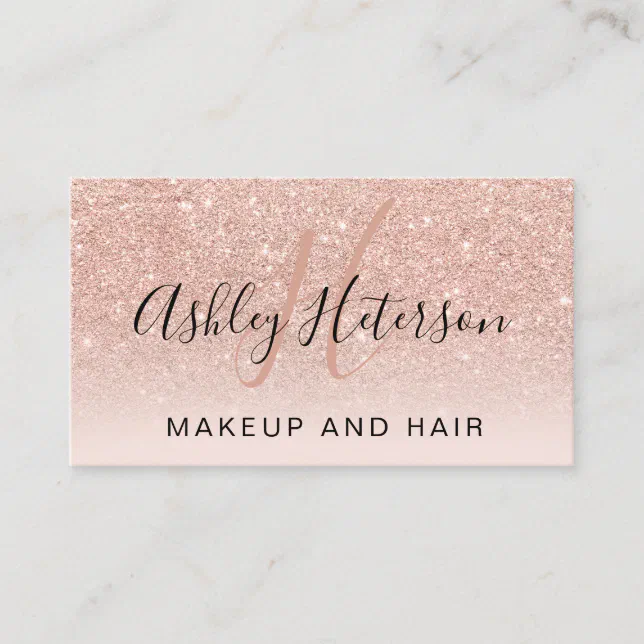 Makeup monogram script rose gold glitter blush business card | Zazzle