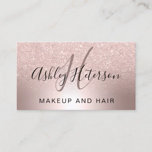 Makeup monogram script rose gold glitter metallic business card | Zazzle
