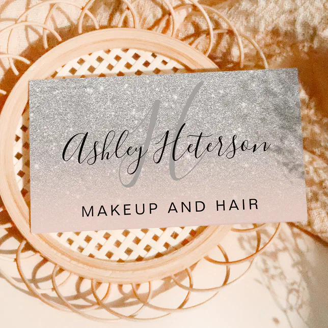Makeup monogram script silver glitter blush business card | Zazzle