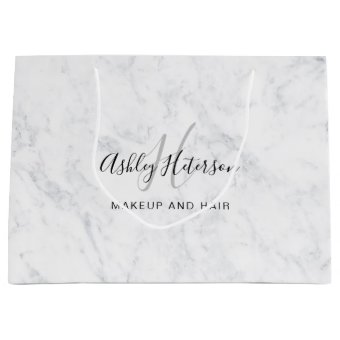 Makeup monogram white marble script typography large gift bag | Zazzle