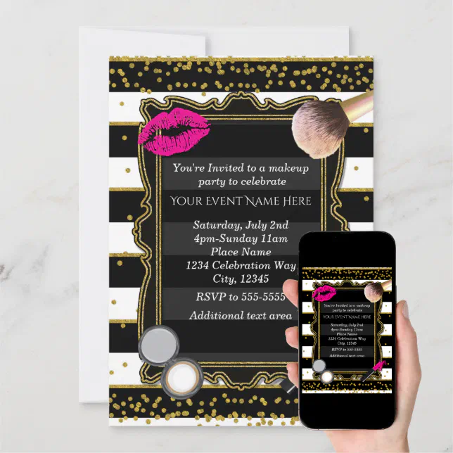 Makeup Party Gold Confetti & Stripes Glamour Invitation | Zazzle