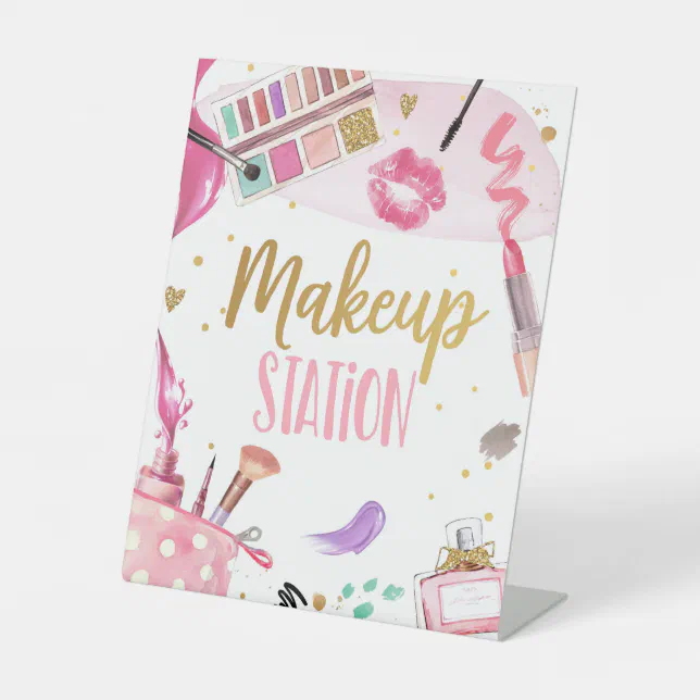 Makeup Station Spa Party Girl Glamour Birthday Pos Pedestal Sign | Zazzle