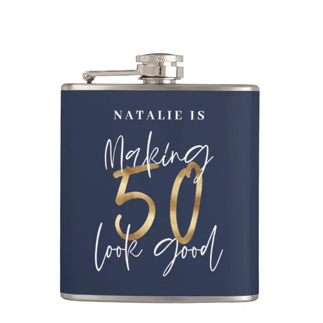 Making 50 look good age birthday blue gold flask | Zazzle