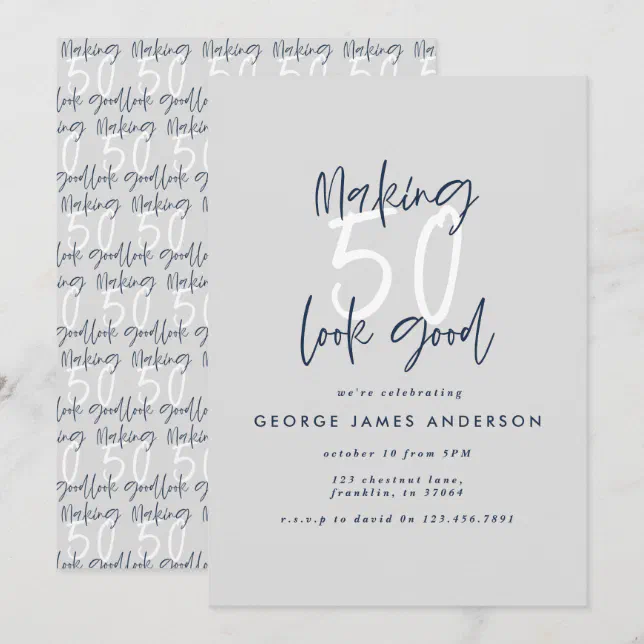 Making 50 look good gray navy birthday invitation | Zazzle