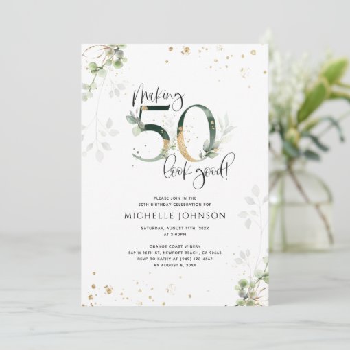 Making 50 Look Good Green Gold Botanical Birthday Invitation | Zazzle