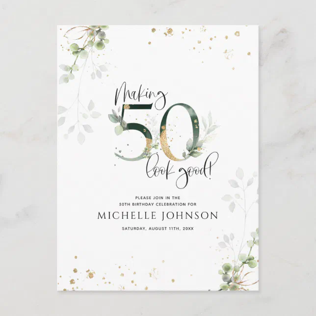 Making 50 Look Good Green Gold Botanical Birthday Invitation Postcard ...