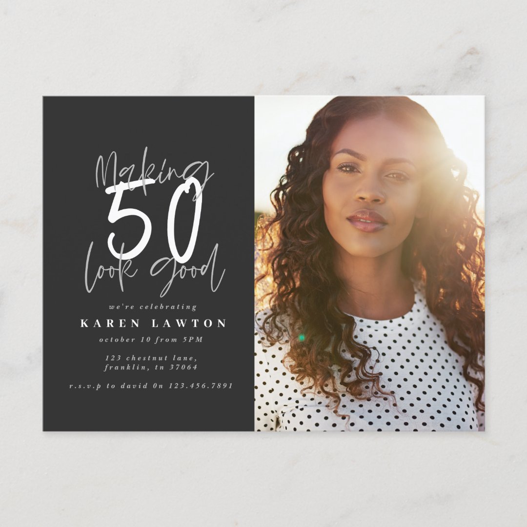 Making 50 look good photo birthday invitation postcard | Zazzle