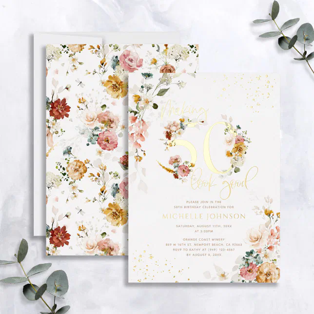 Making 50 Look Good Pink Floral Gold Foil Invitation | Zazzle