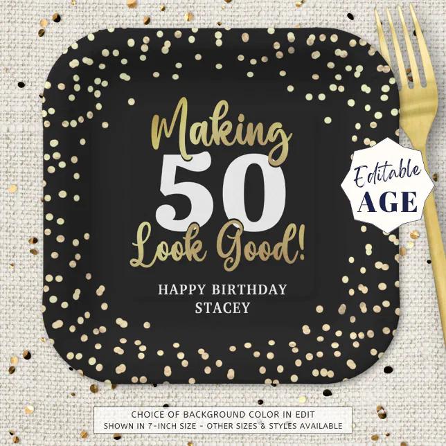 Making AGE Look Good Black Gold Birthday Paper Plates | Zazzle