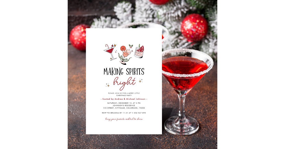 Making Spirits Bright Cocktails Christmas Party Invitation | Zazzle