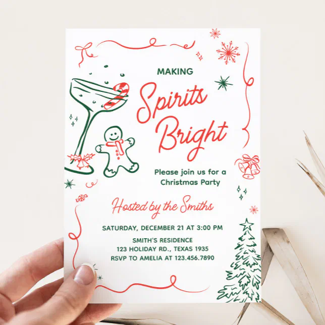 Making Spirits Bright Hand Drawn Christmas Party Invitation | Zazzle