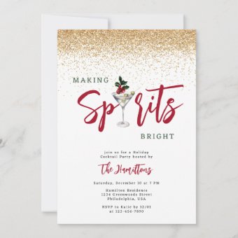 Making Spirits Bright Holiday Cocktail Party Gold Invitation | Zazzle